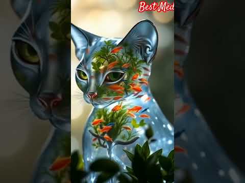 "Mesmerizing Water Art: Animated Cat with Floating Fish"#catlovers #aianimals