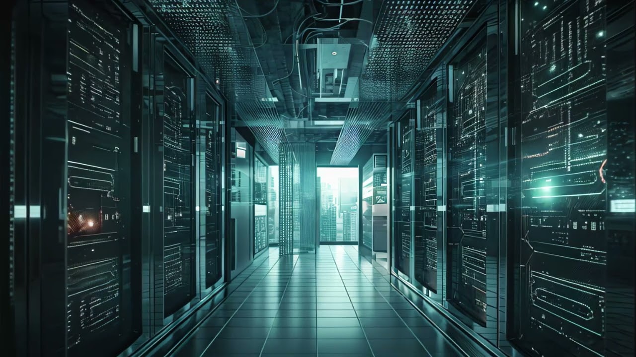 Server room data center. 3d rendering toned image double exposure. Futuristic Network and server in
