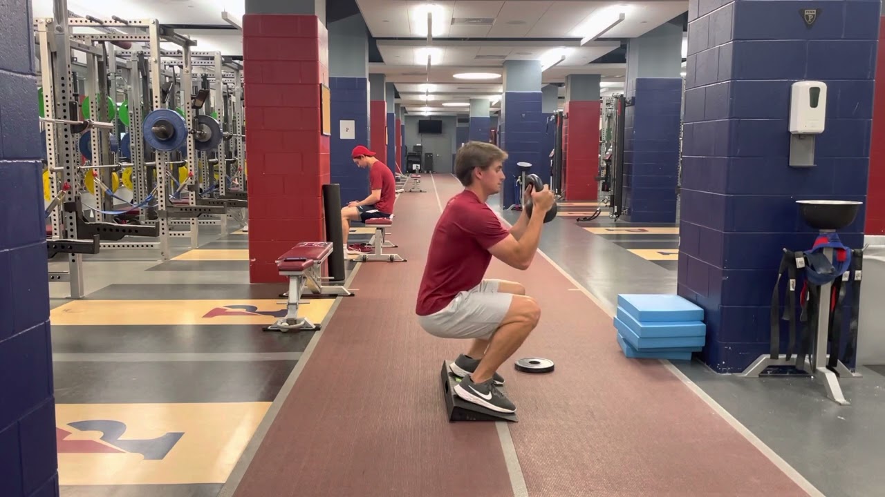 KB Goblet Heels Elevated Drop/Catch Squat (Yielding)