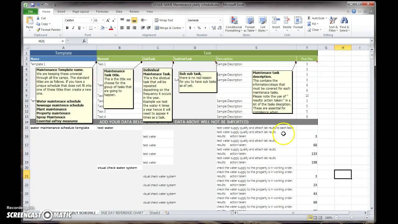 0 - How to fill in the Yearly Maintenance schedule templates in excell