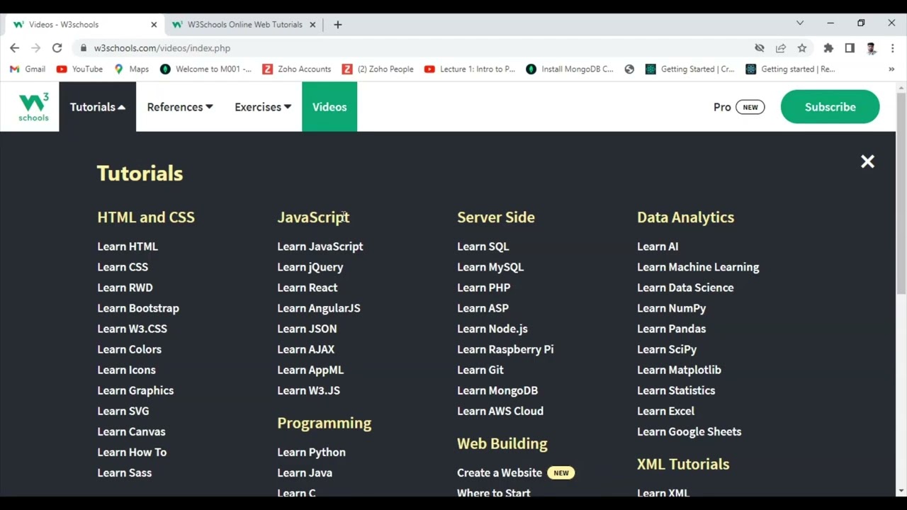 w3schools clone tutorials section menu html css and javascript