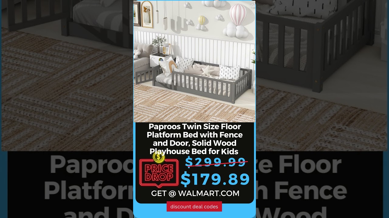 Paproos Twin Size Floor Platform Bed with Fence and Door, Solid Wood Playhouse Bed for Kids  #deals