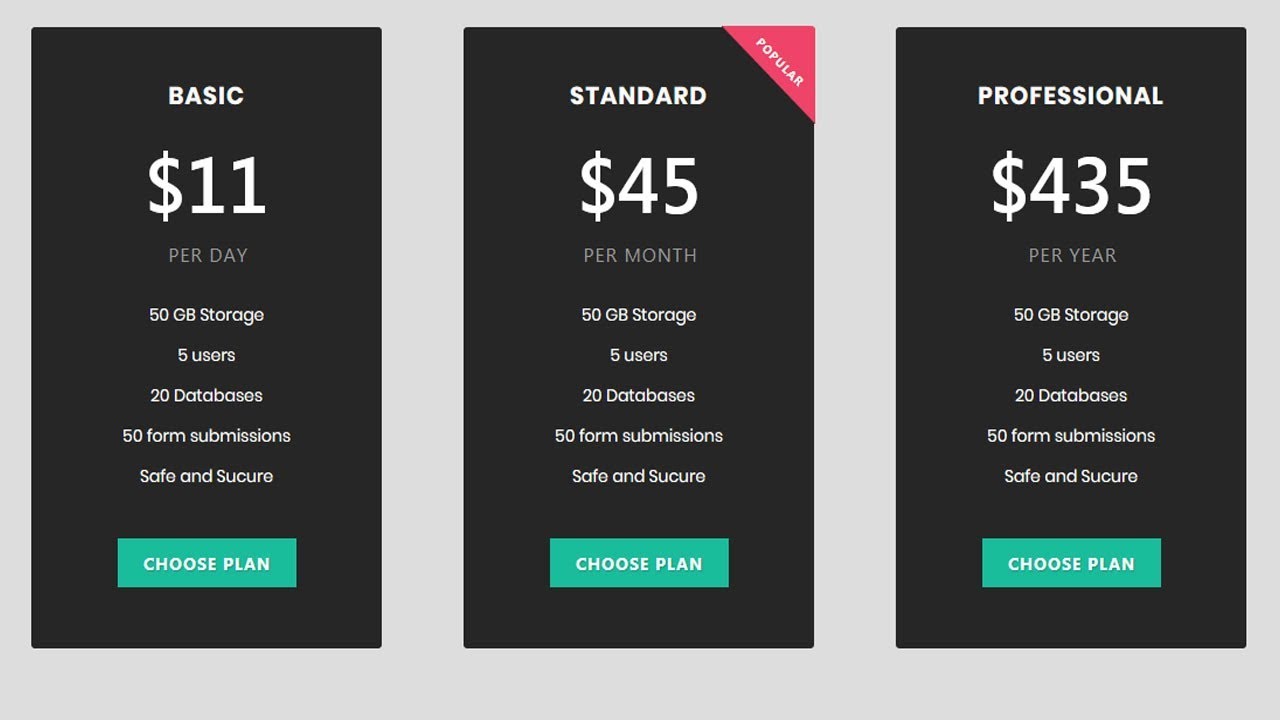 Bootstrap 4 Pricing Table Design |  Responsive Bootstrap 4 Pricing Table