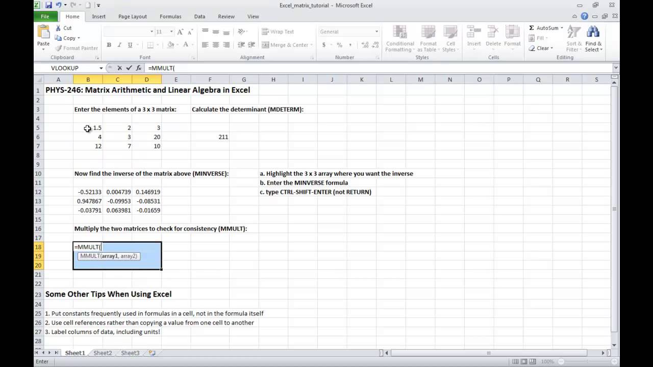 Excel matrix functions