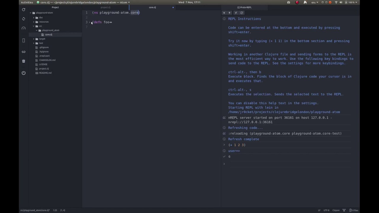 Atom Proto REPL basics for Clojure development