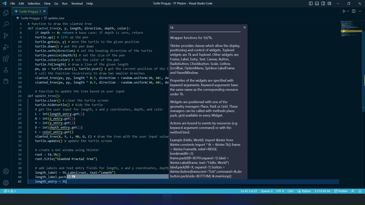 Slanted Fractal Tree Generator with Python Turtle and Tkinter GUI