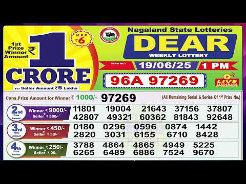 Dear Lottery Sambad Morning 1 PM today 19.06.25 Nagaland State Lottery Result