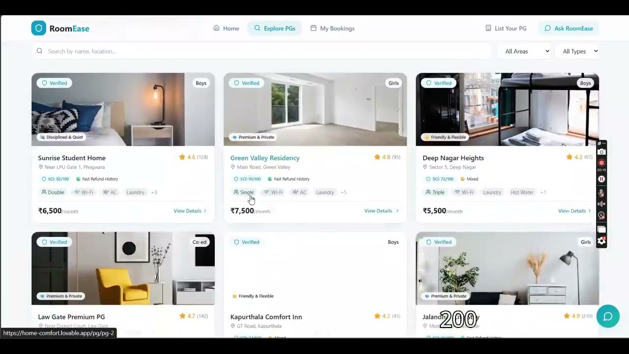 RoomEase – PG Booking Website | CA Project Demo 2026