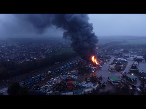 Large fire at European Metal Recycling in Trinity Road, Kingsbury, North Warwickshire. Drone Footage