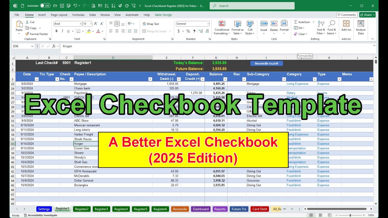 A Better Excel Checkbook Register (2025)