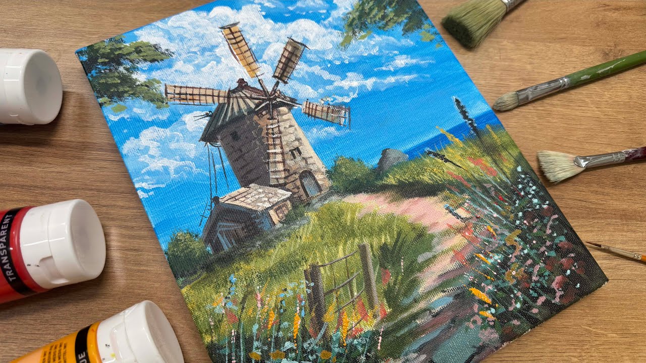 How to Paint a Windmill in a Flower Field | Easy Acrylic Landscape Tutorial