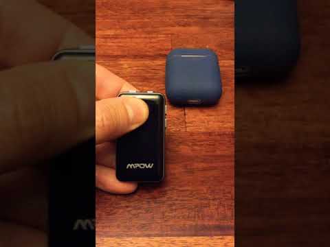 Apple AirPods pairing with 3.5mm aux audio Bluetooth transmitter adapter.