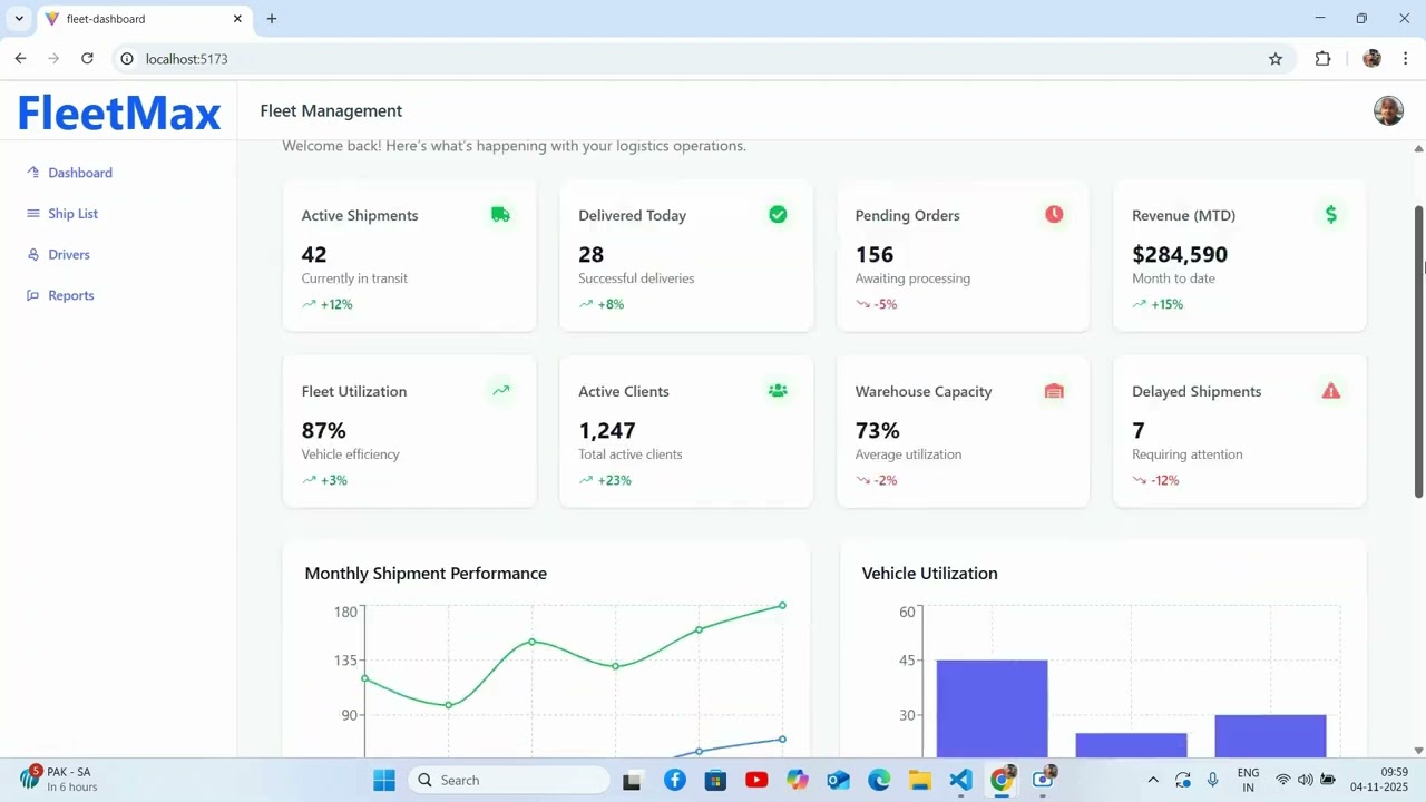 Fleet Management Dashboard in React + Tailwind CSS | Logistics Admin Template Setup