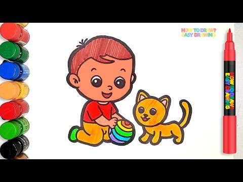 Cute Baby and Cat Drawing for Kids | Easy Step-by-Step Tutorial