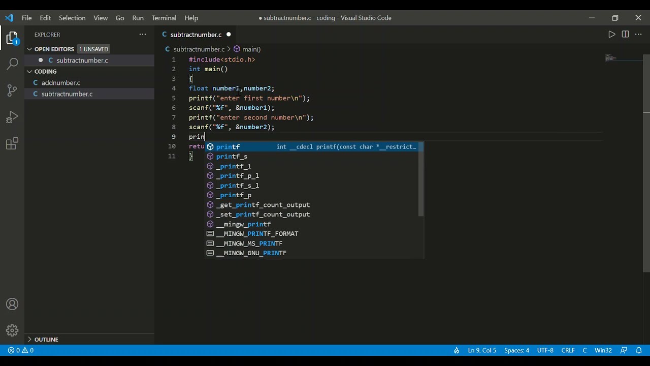 Subtraction two number float type with other person in C programming with source code