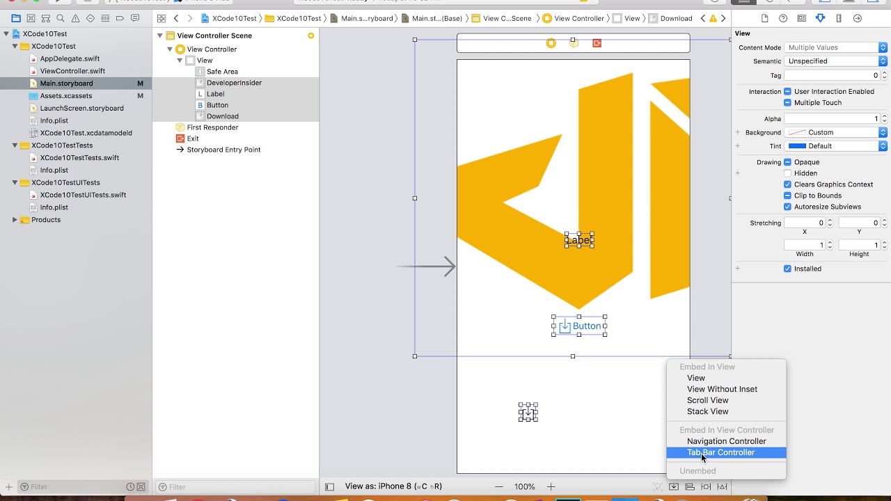 Xcode 10 - Stack Button Replaced with all Embedding Options Pop-up for the Selection.