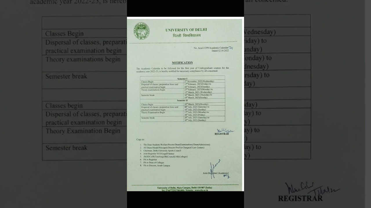 DU 1 year 2022-23 academic calendar released for all UG courses ||