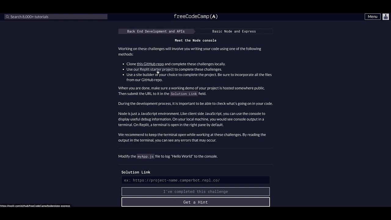 01 Meet the Node console - FreeCodeCamp Solution - Basic Node and Express -Back End Development