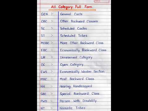 Full Form Of All Category ~ GEN, OBC, SC, PWD, EWS .........||