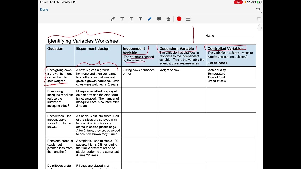 Identifying Variables Worksheet instructions