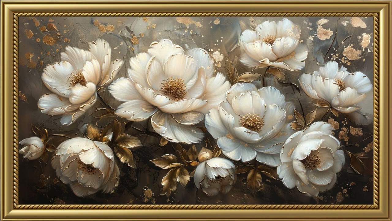 Vintage White Flowers Painting | Gold Frame TV Art Screensaver for TV Wallpaper