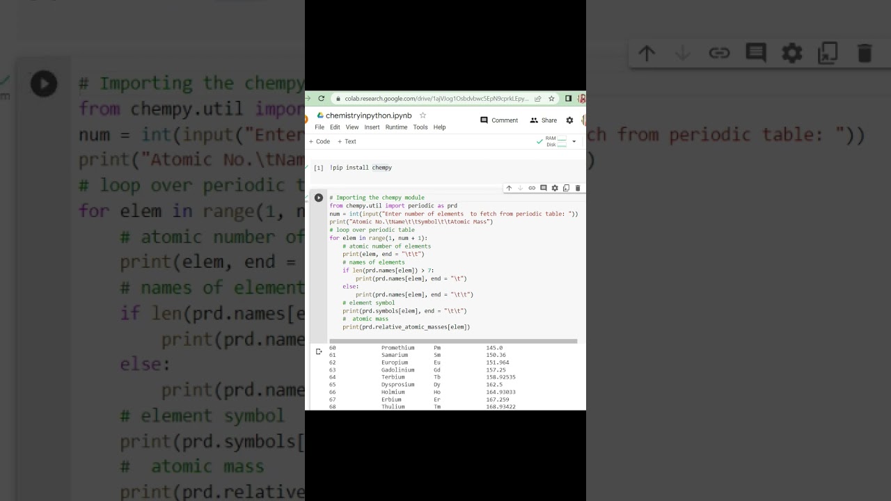 chemistry in python google colabs