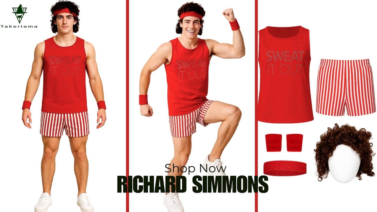 #Takerlama Richard Simmons Fitness Instructor Retro Costume Sweat It Out Exercise Vest Pants Wigs
