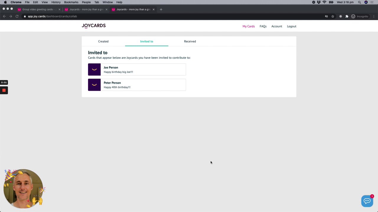 Joycards - how to contribute a video to a group video greeting card