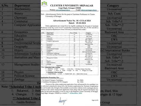Recruitment//Assistant professor// Cluster University Srinagar// 2024.