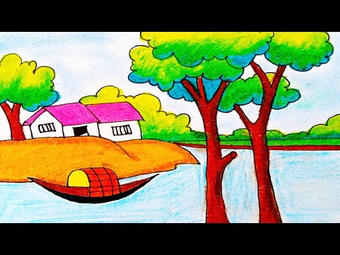 Easy landscape drawing for kids and beginners|Learn house and nature simple painting|River side draw