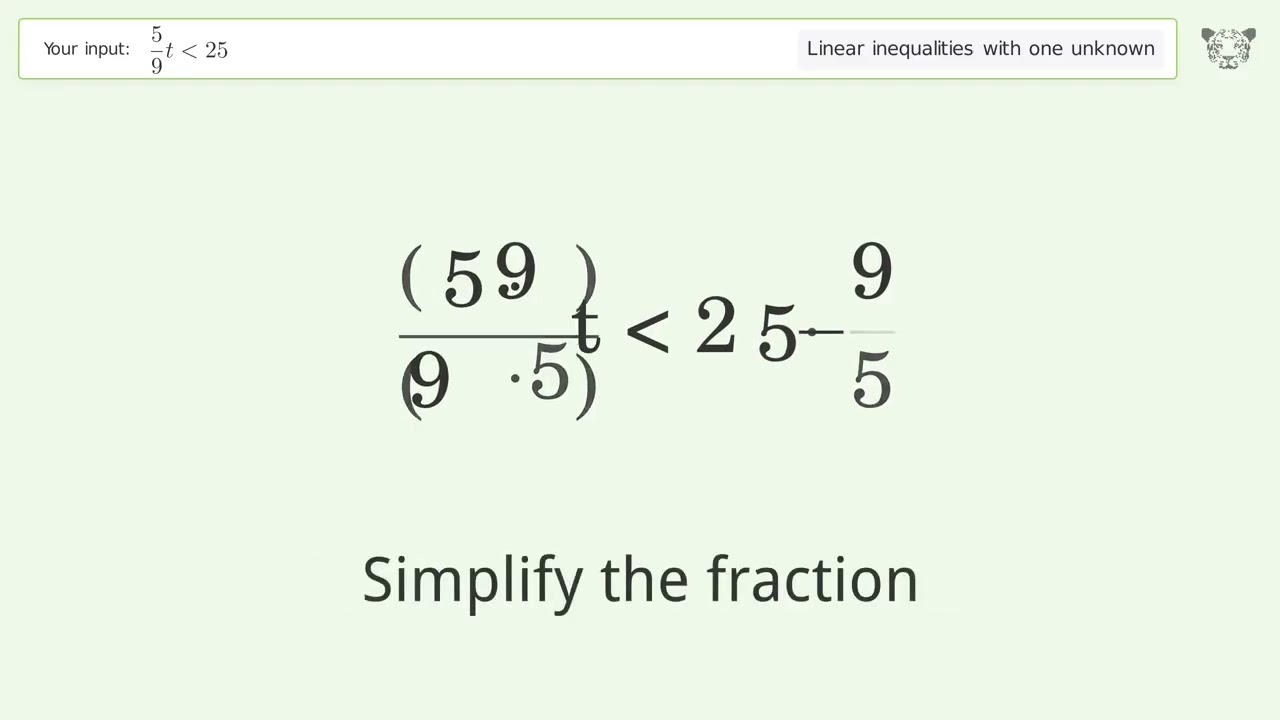 5/9t less than 25 - Solve linear inequalities with one unknown