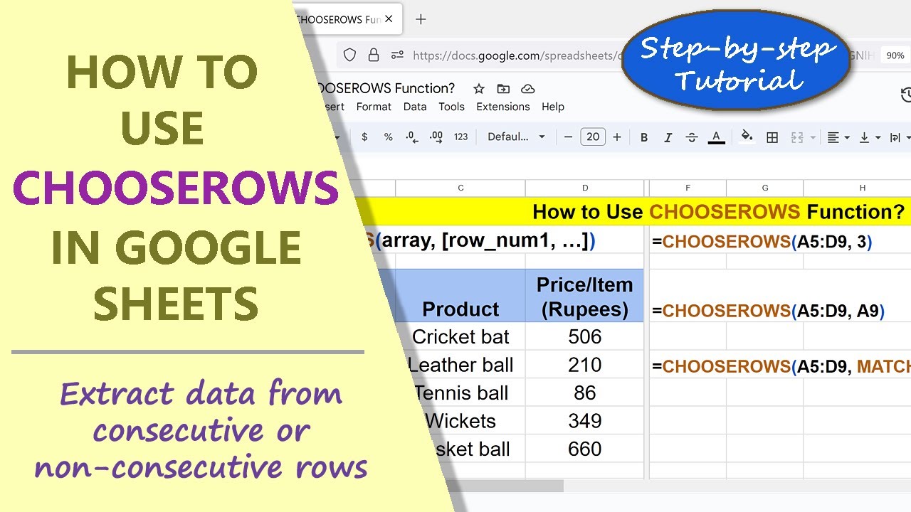 Google Sheets | CHOOSEROWS | Function | Extract Data | Example | Spreadsheet | Step-by-Step tutorial