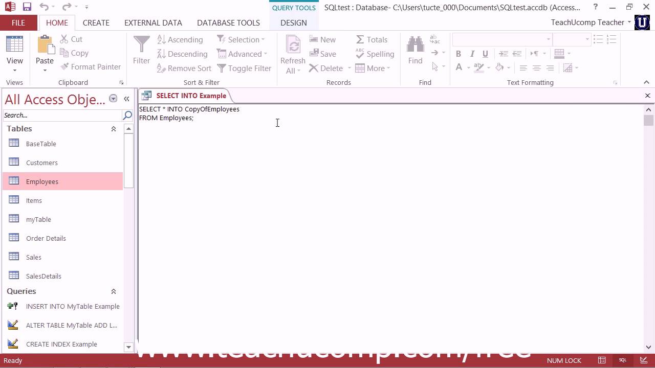SQL Training - Structured Query Language Tutorial - The SELECT INTO Statement Lesson