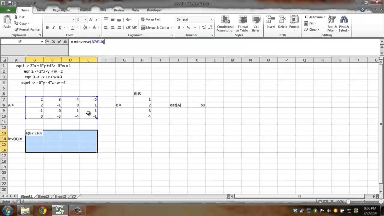 Solving Linear Algebraic Equations w MS Excel