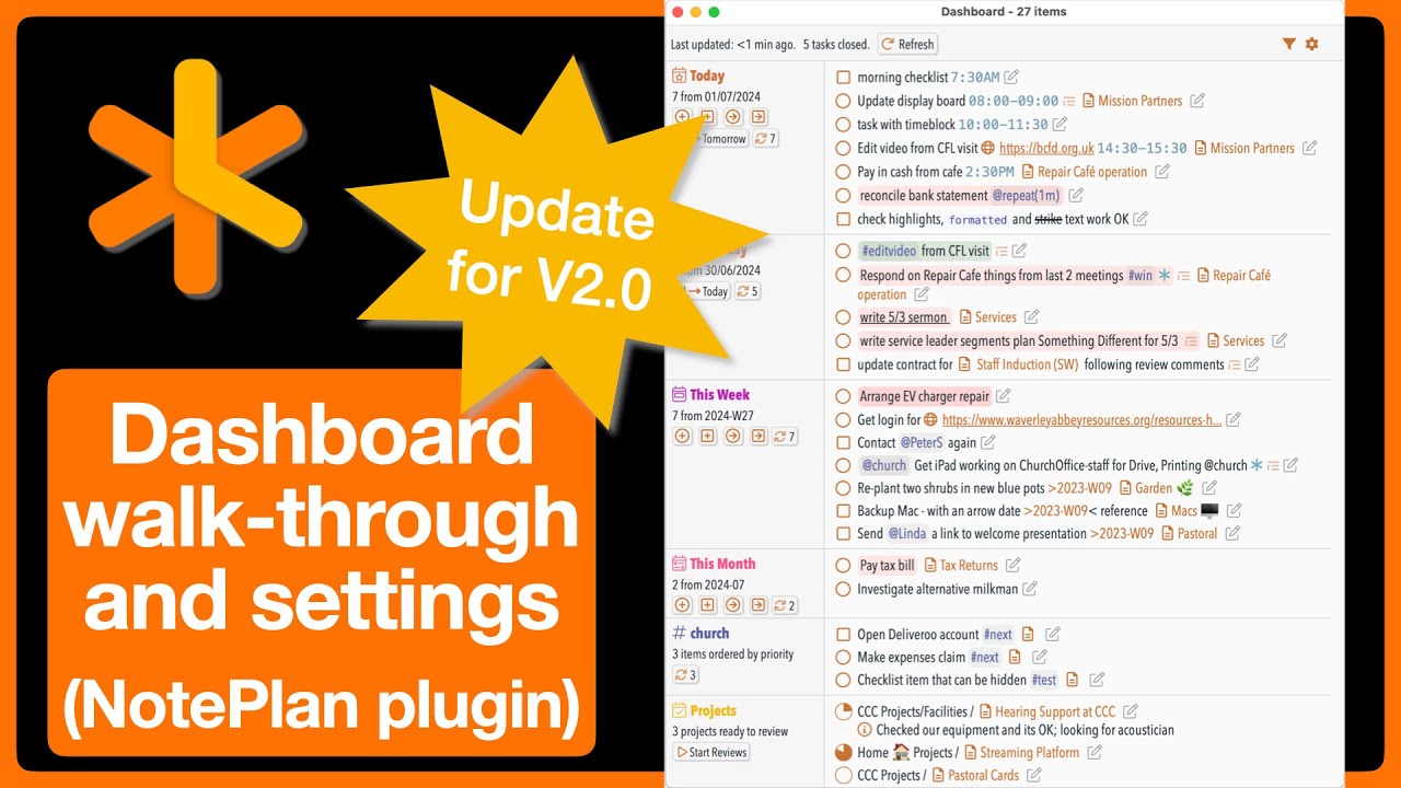Dashboard v2 plugin for NotePlan: Overview & Walk-through (by George Crump)