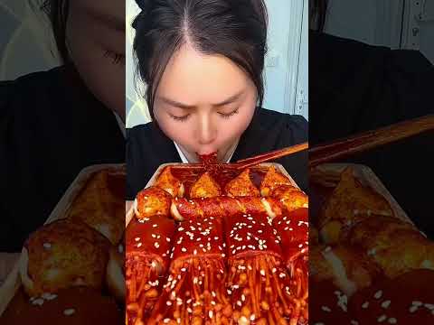Asmr, Eating Enoki Mushroom With Noodles Garlic Meatballs Flavor Spicy Yummy, Mukbang