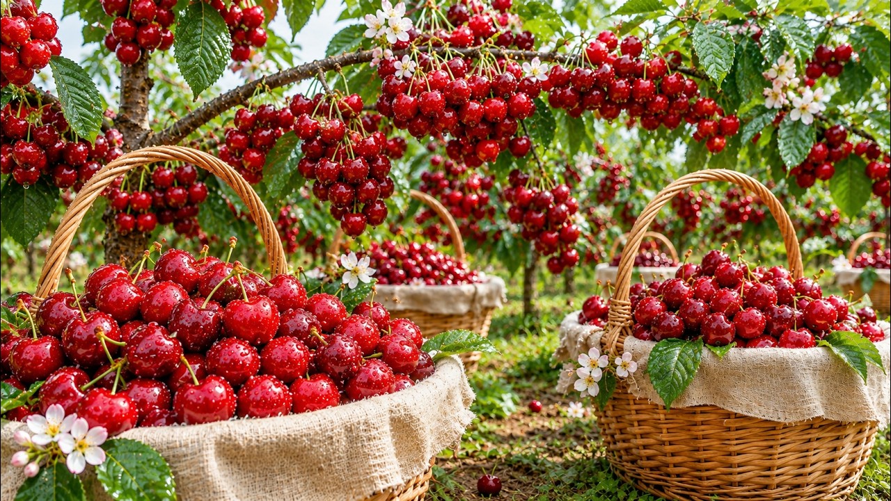 🍒 Relaxing Organic Cherry Orchard ASMR  Dewy Red Cherries, Blossoms & Peaceful Harvest
