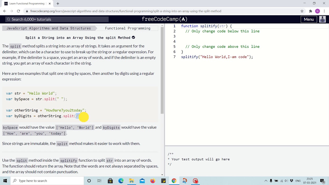 Tutorial 19 - split a string into an array - freecodecamp