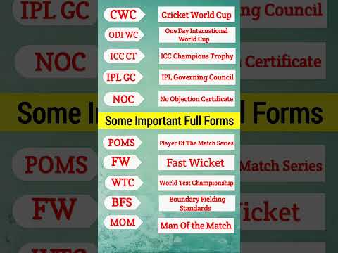 Cricket Related Full Forms:- IPL,CSK,RCB,CWC,SRH,RR | #ipl #cricket #rcb #cwc #viratkohli #viral #gk