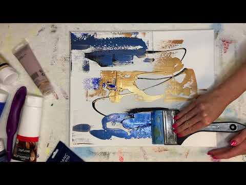 Démonstration de peinture abstraite à la peinture acrylique et à la spatule, sur toile.