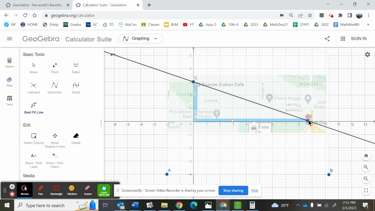 Map and Equation of Direct Distance in GeoGebra