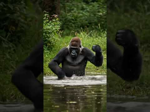 A monkey splashes and plays alone in the water, full of joy#animals #m2onkey #