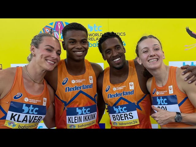Femke Bol reacts to the Dutch team qualifying for the Paris Olympics at the World Athletics ...