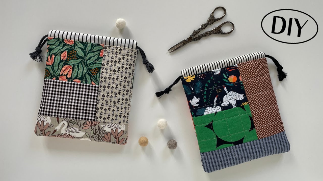 PATCHWORK DRAWSTRING BAG ~ free pattern. Quilted, fully lined bag. #sewingtutorial #learntosew #sew