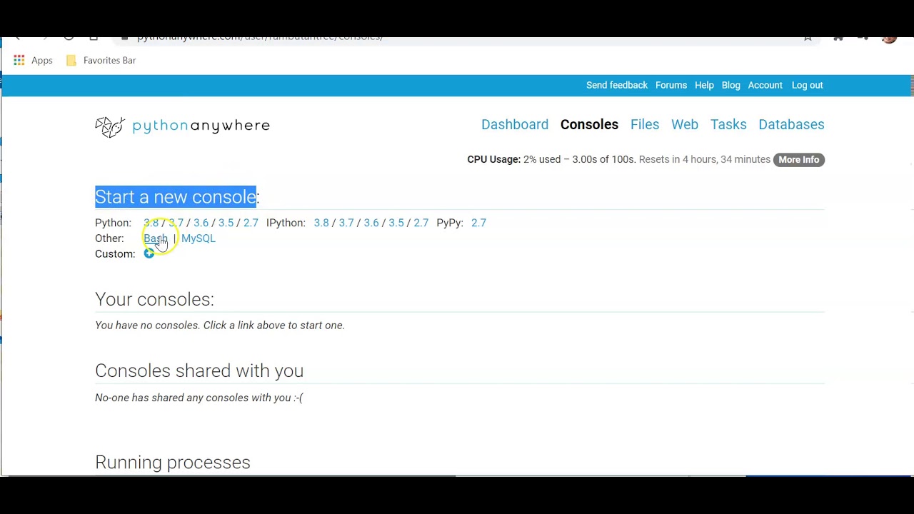 Create bash console in Pythonanywhere