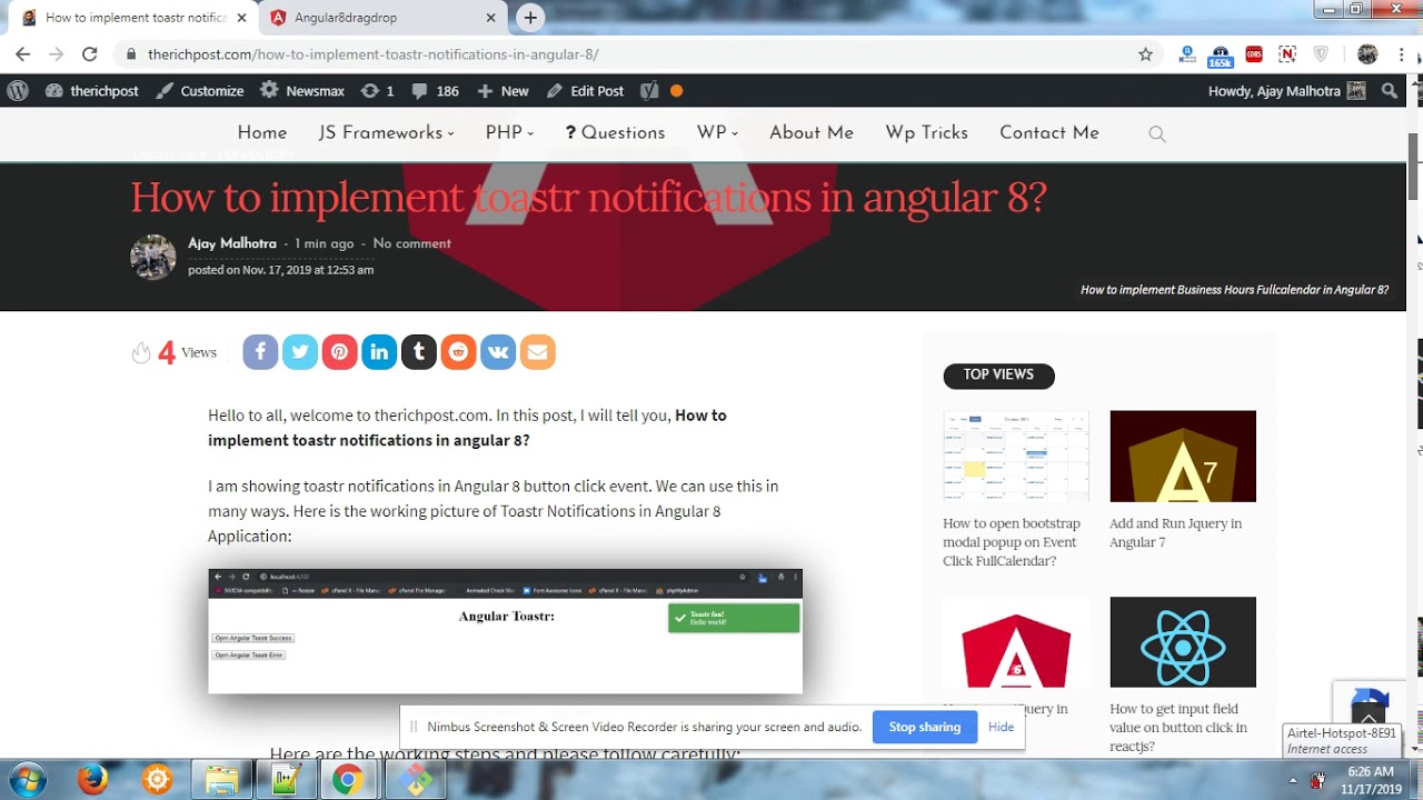 Implement toastr notifications in angular