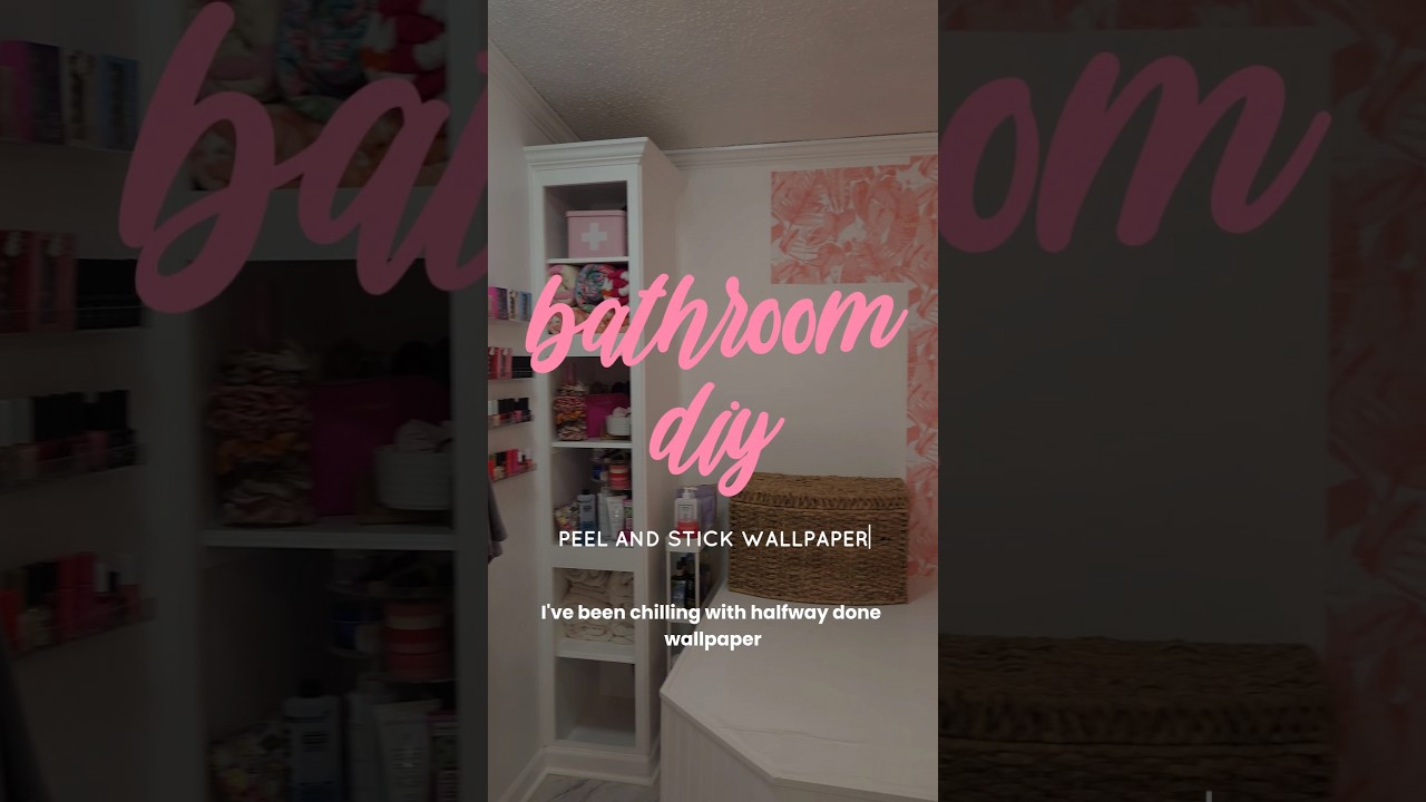 finishing the wallpaper in my bathroom 🩷🛠 #bathroomdiy #pink #renterfriendly #wallpaper #homedecor