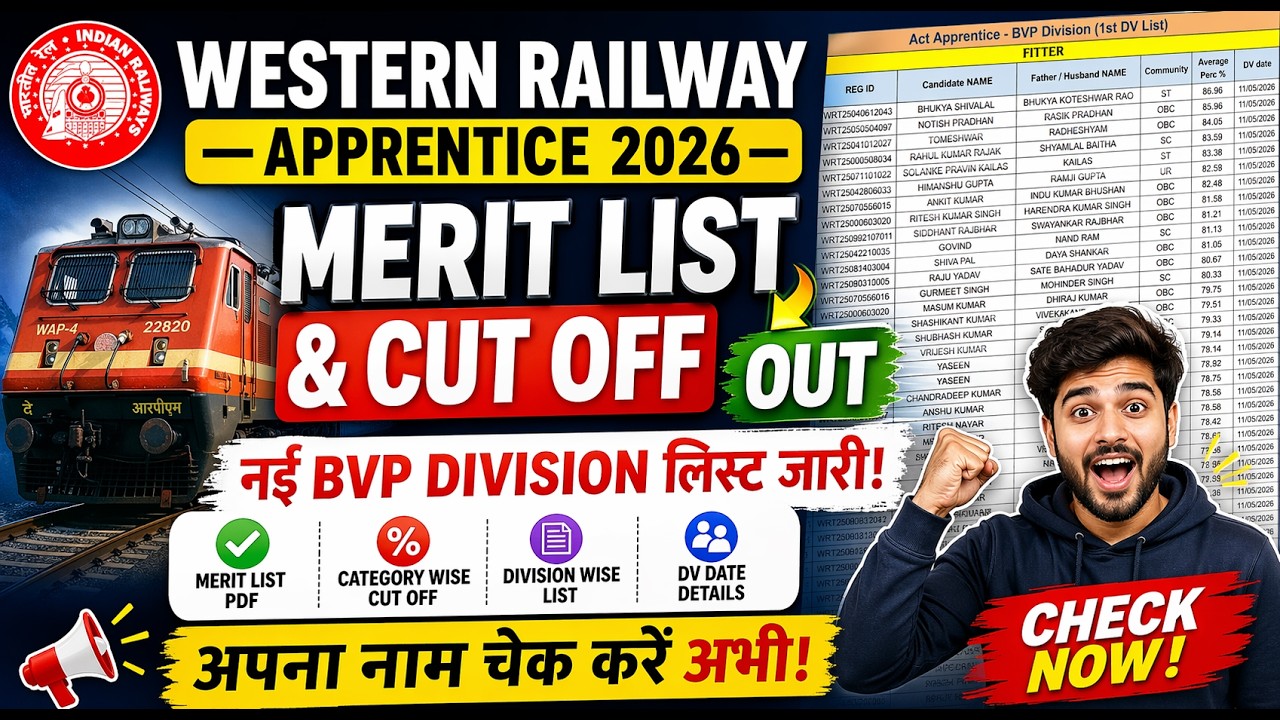 Western Railway Apprentice New Merit list 2026 Out, RRC WR BVP Apprentice Cut off 2026 out #rrb