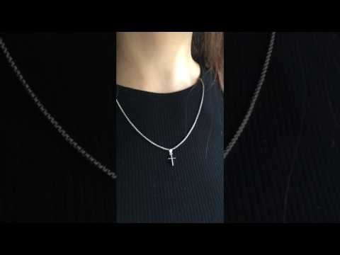 14K White Gold Thin Simple Cross Charm Pendant on a Silver David Yurman Necklace