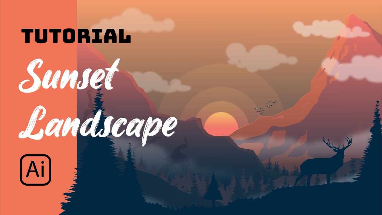Sunset Landscape with Animal Silhouette Vector Illustration -  Adobe Illustrator Tutorial